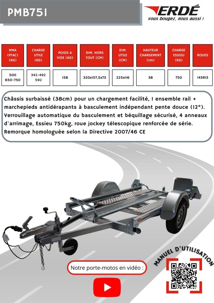ERDE PMB751 Porte-Moto Basculant 225x116 / 500 - 600 ou 750kg - Global ...